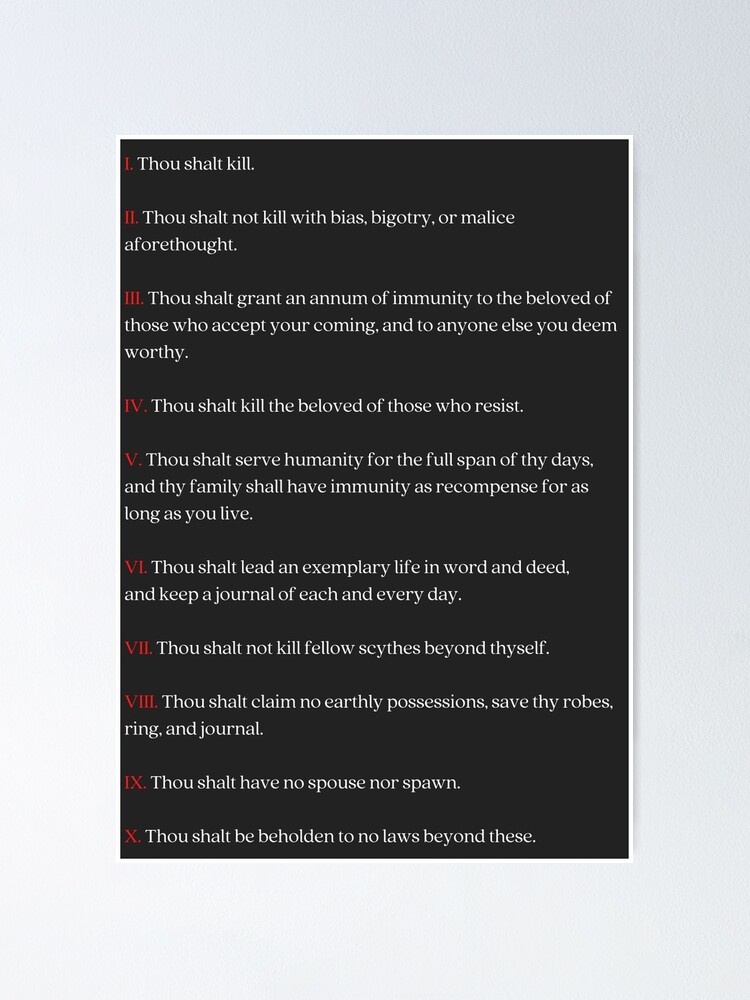 "Ten Commandments of a Scythe from Arc of a Scythe by Neal Shusterman ...