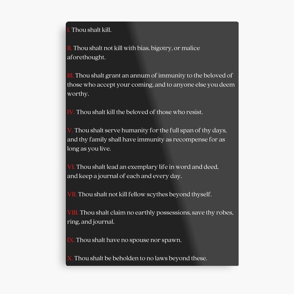 "Ten Commandments of a Scythe from Arc of a Scythe by Neal Shusterman ...