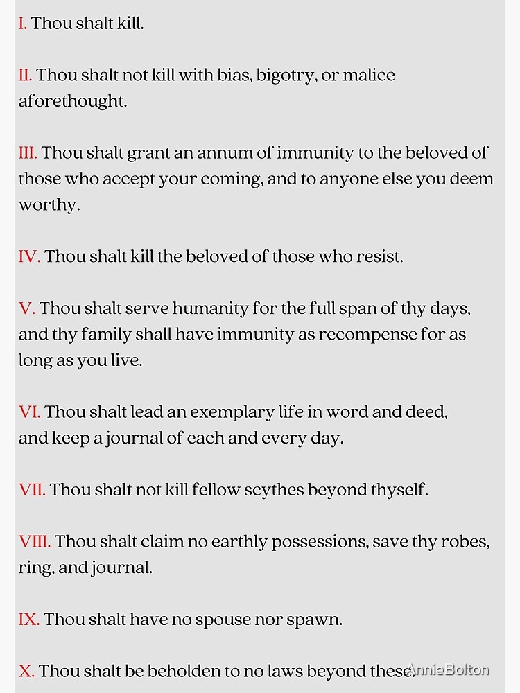 "Ten Commandments of a Scythe from Arc of a Scythe by Neal Shusterman ...