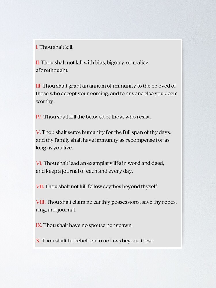 "Ten Commandments of a Scythe from Arc of a Scythe by Neal Shusterman ...