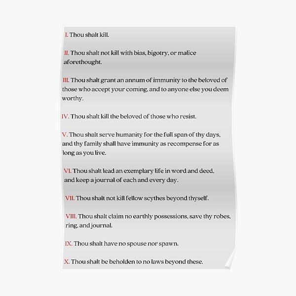 "Ten Commandments of a Scythe from Arc of a Scythe by Neal Shusterman ...