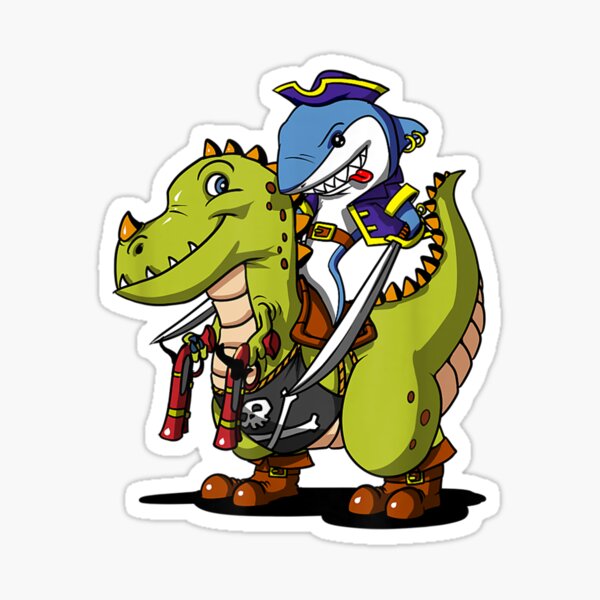 "Shark Pirate Captain Riding T-Rex Dinosaur Funny" Sticker by w4wilsonj ...
