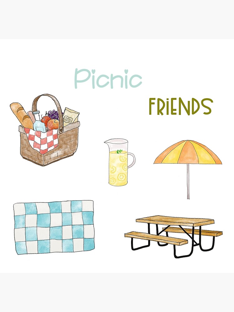 "Picnic Stickers, Picnic Basket, Blanket, Table, Lemonade, Hand drawn ...