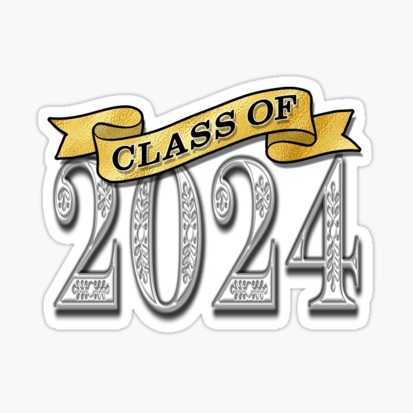 "Class of 2024 - Gold Ribbon - Silver Flourished Numbers" Sticker for ...