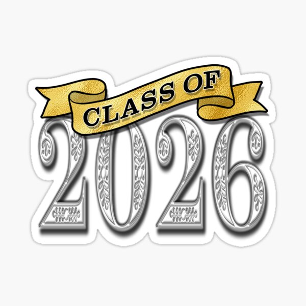 "Class of 2026 - Gold Ribbon - Silver Flourished Numbers" Sticker for ...