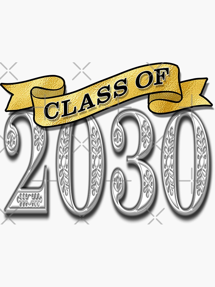 "Class of 2030 - Gold Ribbon - Silver Flourished Numbers" Sticker for ...