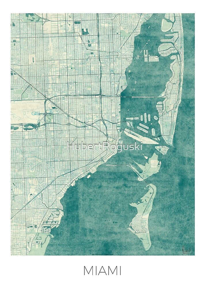 "Miami Map Blue Vintage" by HubertRoguski | Redbubble