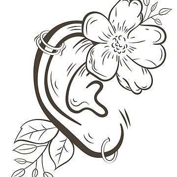 "Illustration ear with flower, lineart, ear with pearcings" Greeting ...