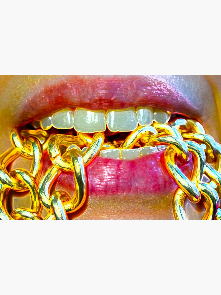 "Mouth biting a golden chain" Sticker for Sale by Shizu-Art | Redbubble