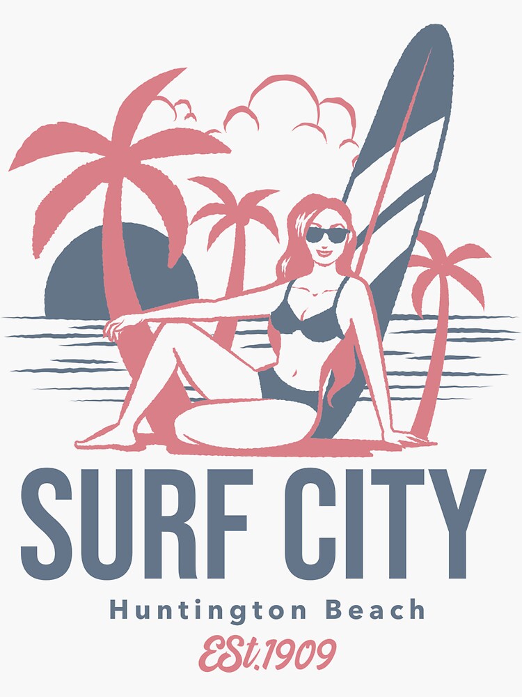 "Surf City USA Huntington Beach California Retro Surfer" Sticker for ...