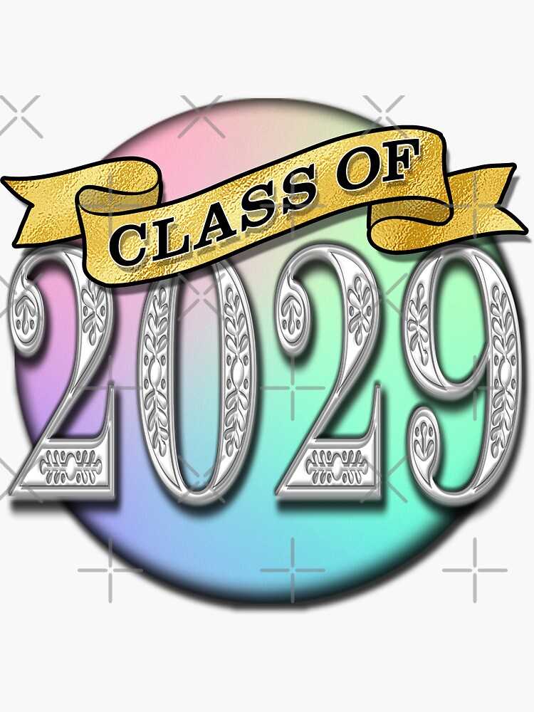 "Class of 2029 - Gold Ribbon - Silver Flourished Numbers - Rainbow Orb ...