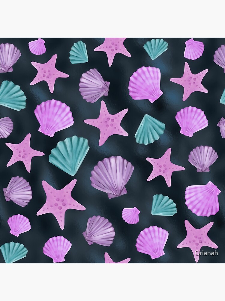 "Summery blue, pink and purple colored shells against a dark blue ...