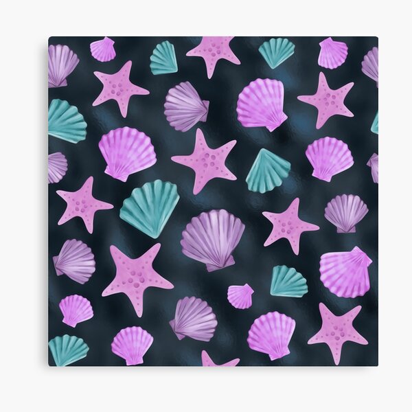 "Summery blue, pink and purple colored shells against a dark blue ...