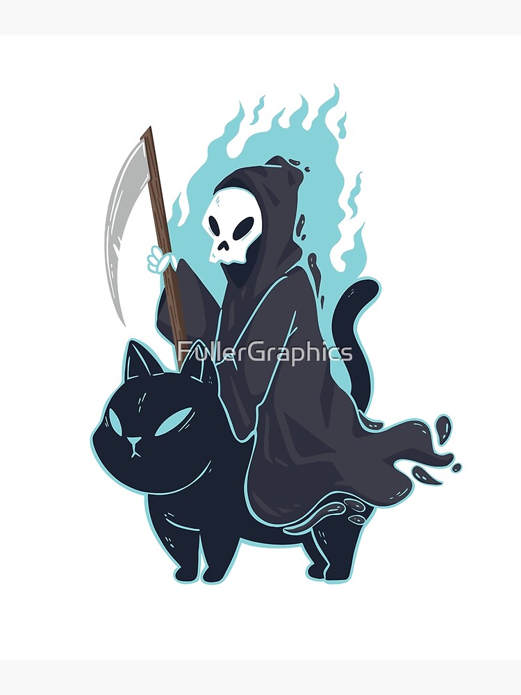 "Funny Cute Grim Reaper Riding on top of Black Cat Blue Flames and Eyes ...