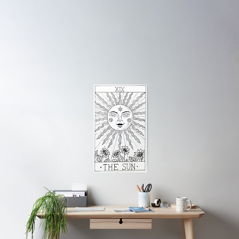 "THE SUN Tarot Card Ink Black and White Drawing with sunflowers" Poster ...