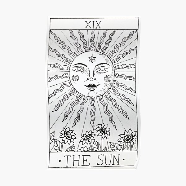 "THE SUN Tarot Card Ink Black and White Drawing with sunflowers" Poster ...