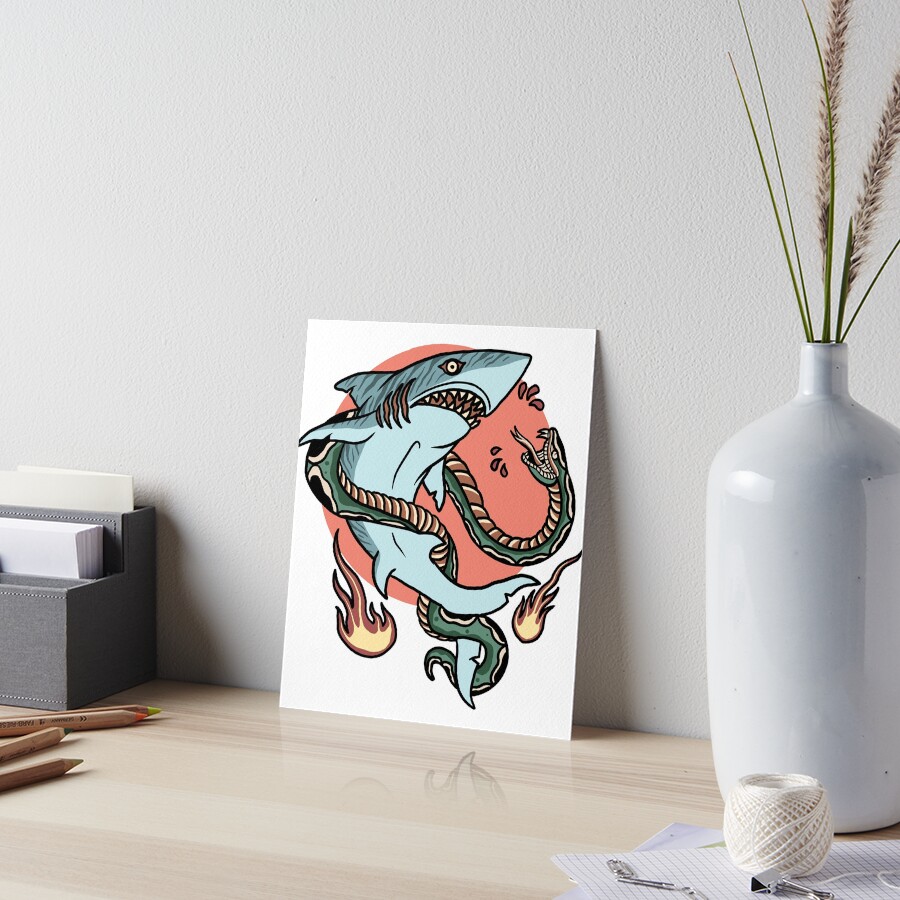 "Shark Versus Snake Traditional Tattoo" Art Board Print by MicahMarquez ...