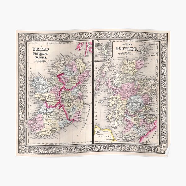 "Vintage Map of Ireland and Scotland (1864)" Poster for Sale by ...