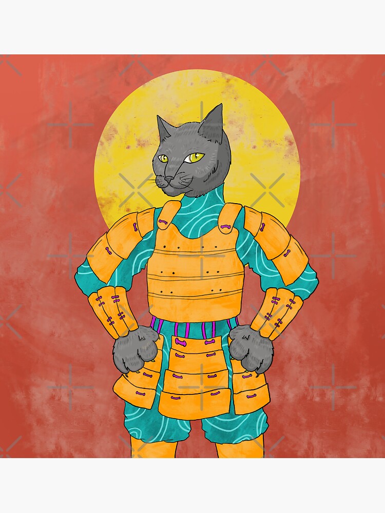 "Humanoid cat in orange samurai armor" Sticker by AmpawPawp | Redbubble