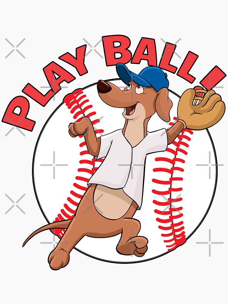 "Play Ball! Baseball Mascot Dodger Dog Catching Baseball" Sticker for ...
