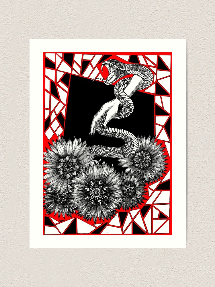"Snake Artwork with Sunflower patterns - Red background" Art Print by ...