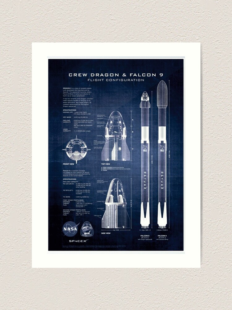 "NASA SpaceX Crew Dragon Spacecraft & Falcon 9 Rocket Blueprint in High ...