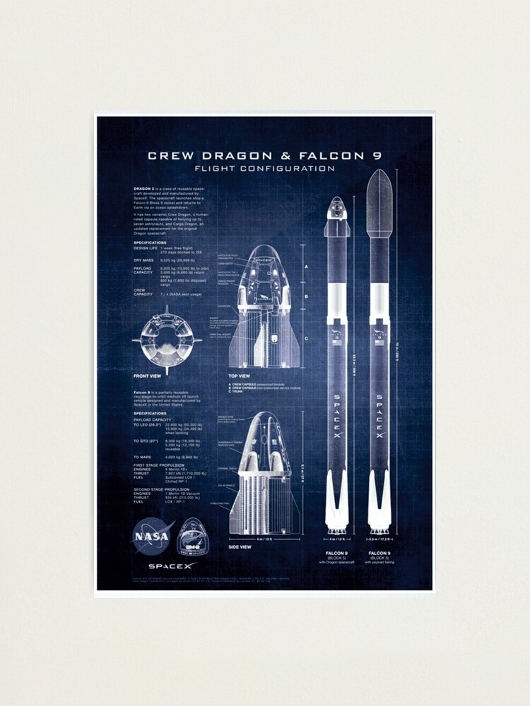 "NASA SpaceX Crew Dragon Spacecraft & Falcon 9 Rocket Blueprint in High ...