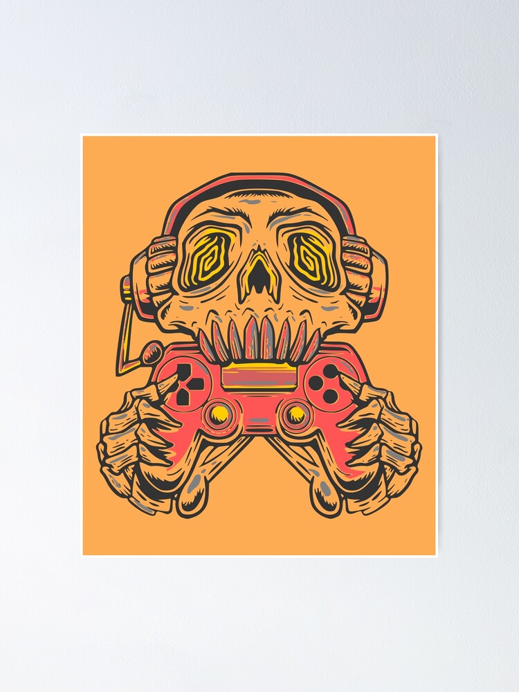 "A skull gamer holding a red joystick controller and wearing headphone ...