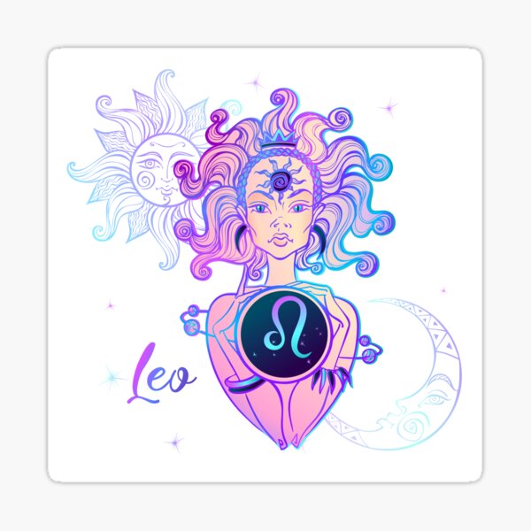 "Leo Zodiac Neon Lady With Sun and Crescent Moon" Sticker for Sale by ...