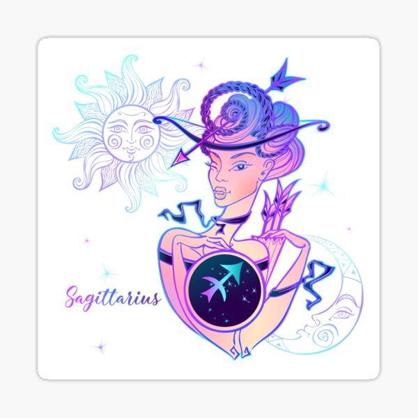 "Sagittarius Zodiac Neon Lady With Sun and Crescent Moon" Sticker for ...