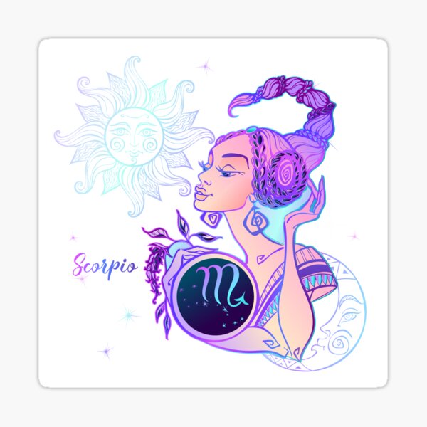 "Scorpio Zodiac Neon Lady With Sun and Crescent Moon" Sticker for Sale ...