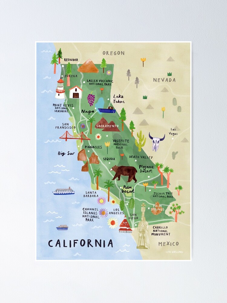 "" USA: California - National Parks and Landmarks Map ..." Poster for ...