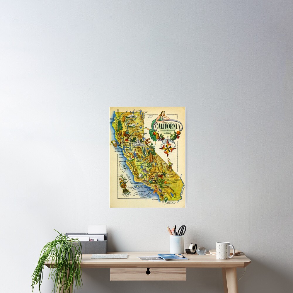 ""USA: 1946 California - Vintage Landmarks Map..." Poster for Sale by ...
