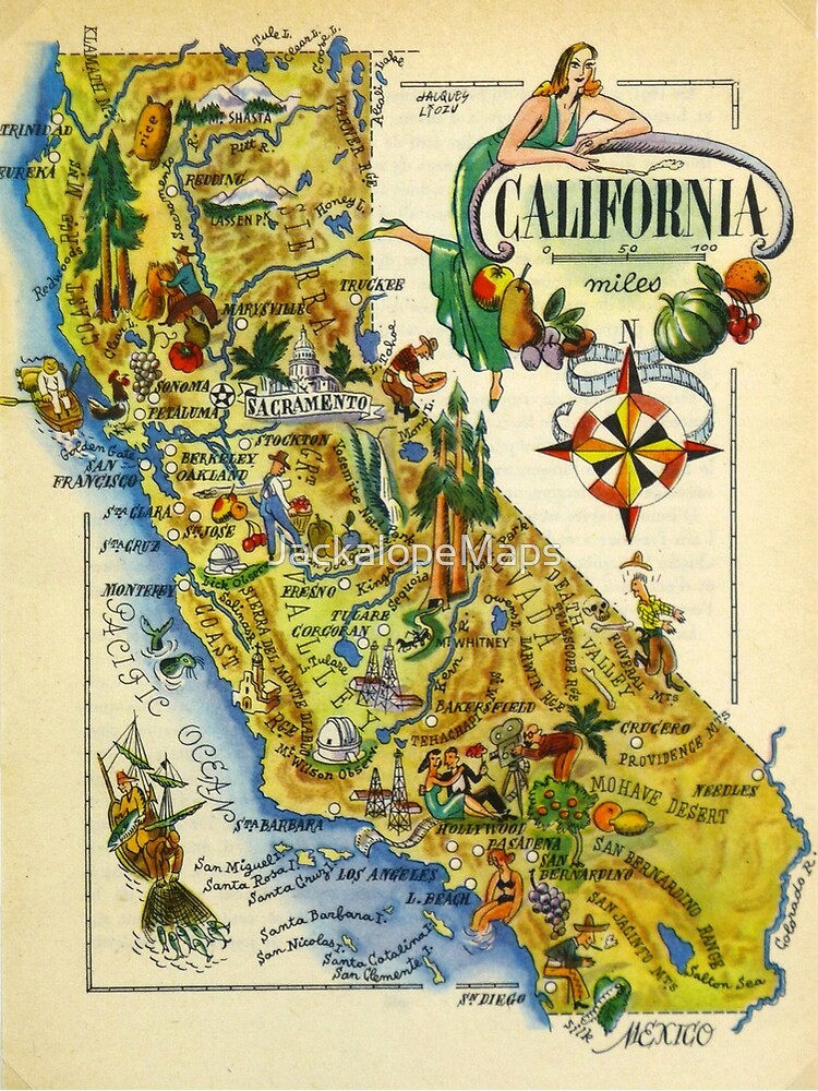 ""USA: 1946 California - Vintage Landmarks Map..." Poster for Sale by ...