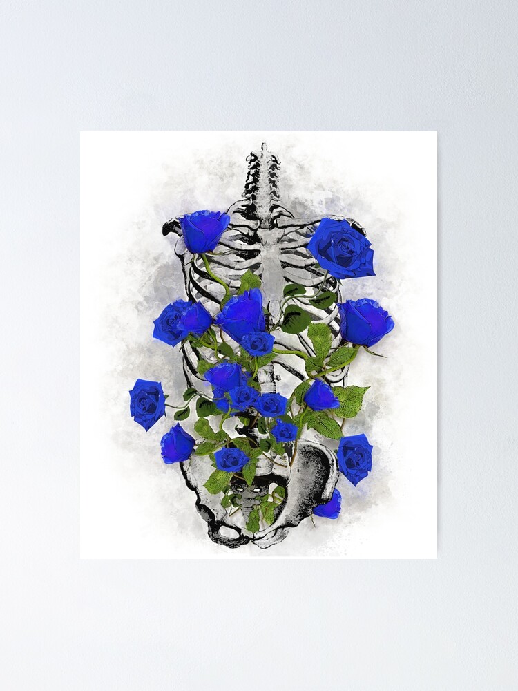 "Botanical blue roses anatomy, rib cage, pelvis, roses skeleton" Poster ...