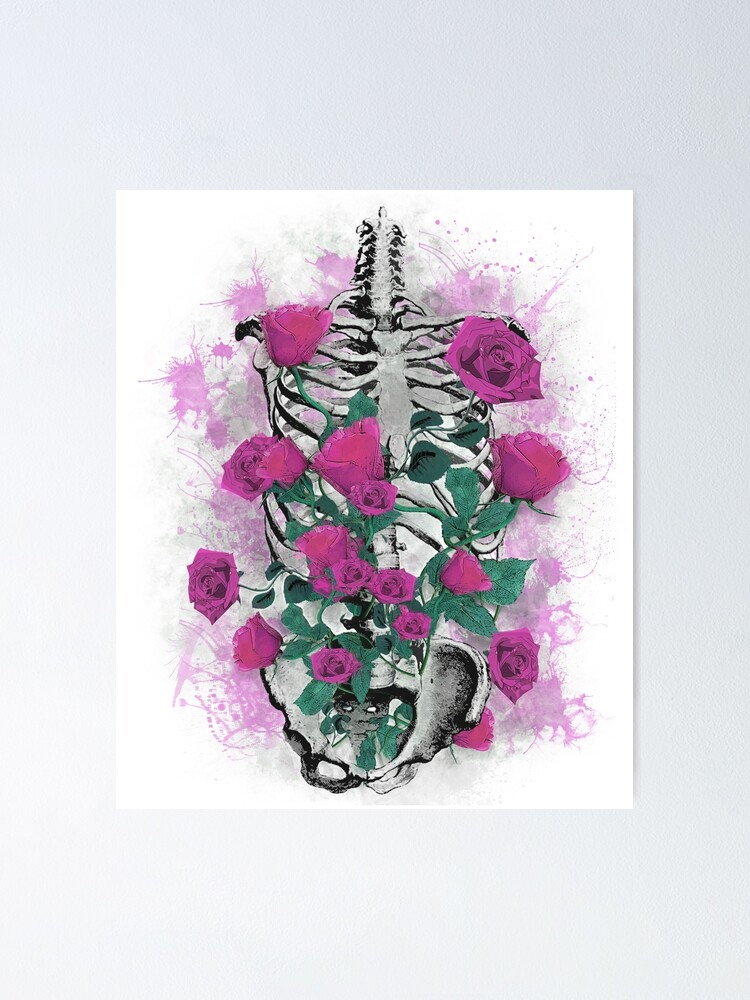 "Botanical pink roses anatomy, rib cage, pelvis, roses skeleton ...