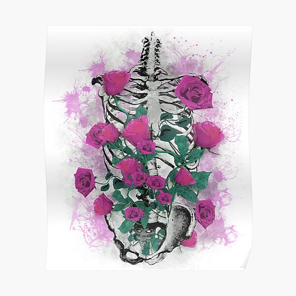 "Botanical pink roses anatomy, rib cage, pelvis, roses skeleton ...