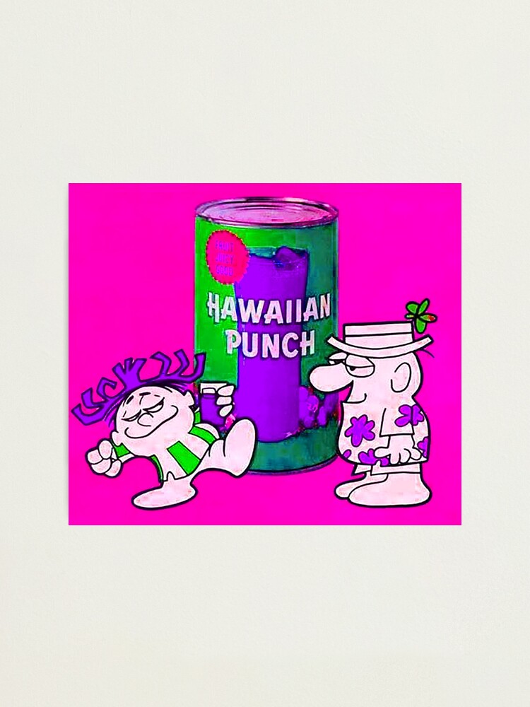 Lámina fotográfica «Dibujos animados de ponche hawaiano, década de 1970, vintage, colorido, ¿qué ...