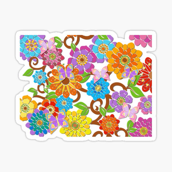 "Funky Retro Flowers and Butterflies Art" Sticker for Sale by Alondra ...