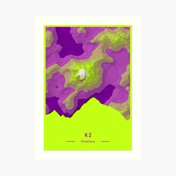 "Colorful topographic map of Mount K2 in the Himalayas" Art Print by ...