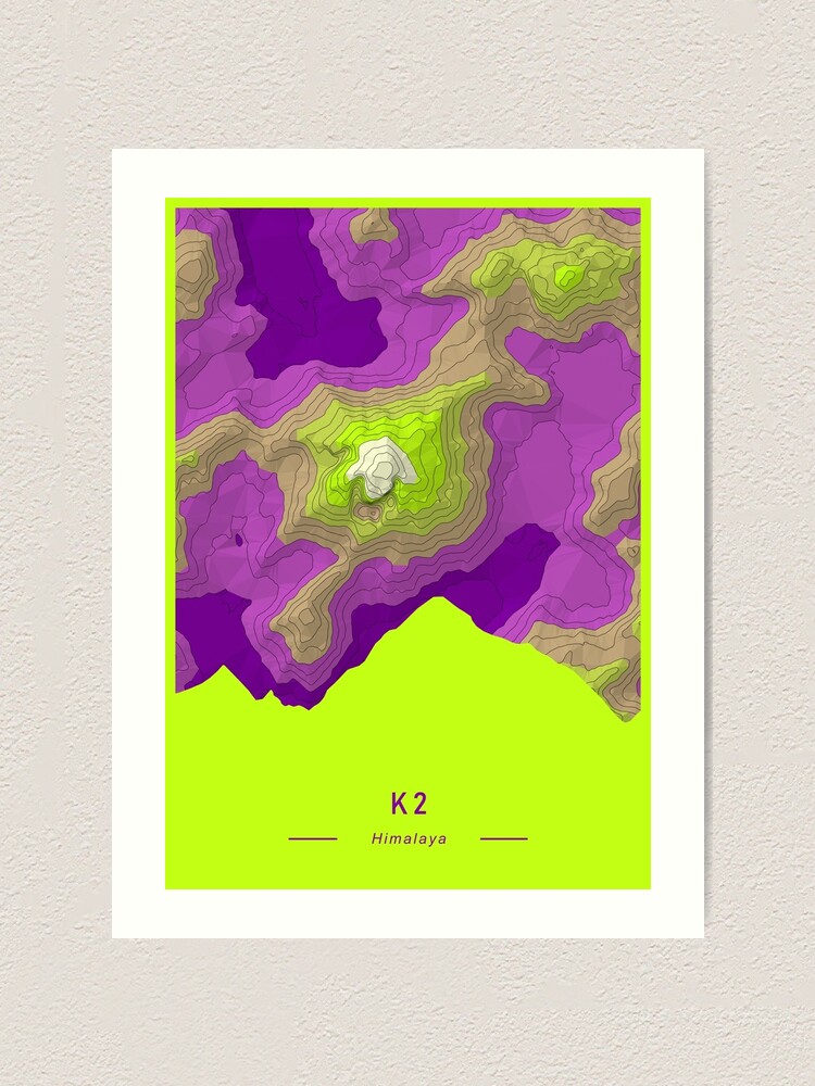 "Colorful topographic map of Mount K2 in the Himalayas" Art Print by ...