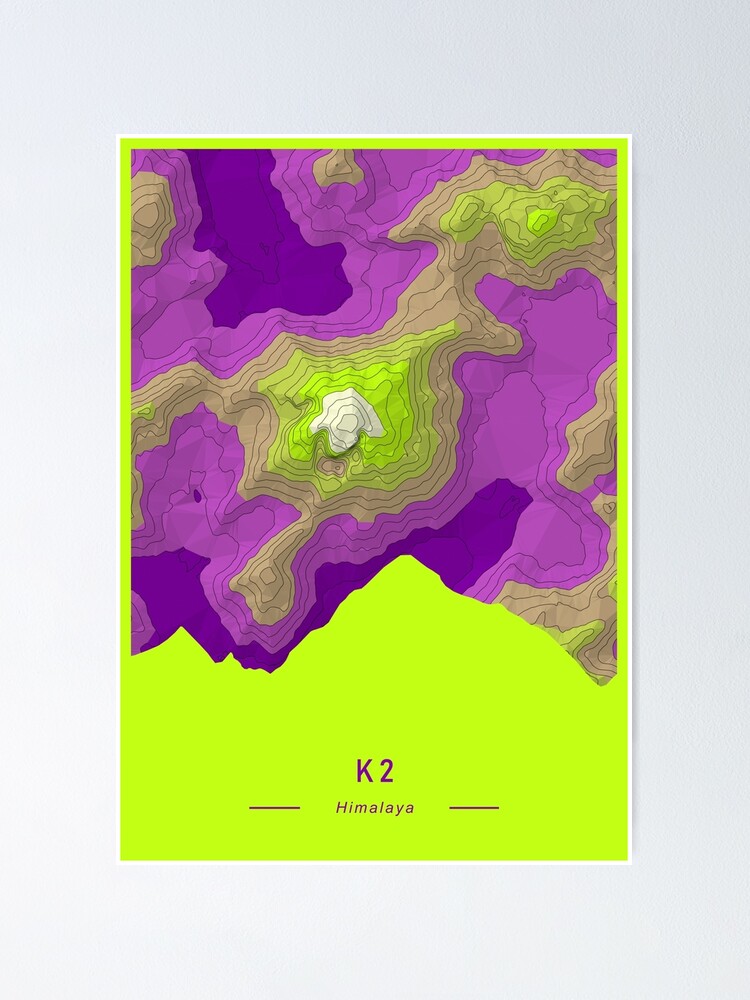 "Colorful topographic map of Mount K2 in the Himalayas" Poster by ...