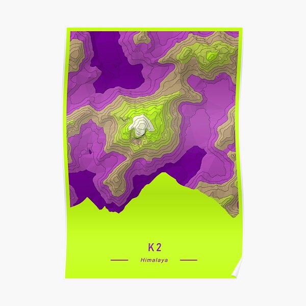 "Colorful topographic map of Mount K2 in the Himalayas" Poster by ...