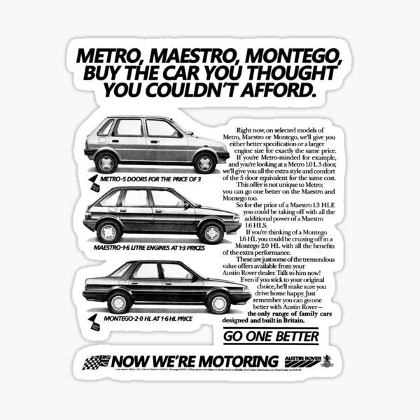 "AUSTIN METRO / MAESTRO / MONTEGO ADVERT" Sticker for Sale by ...