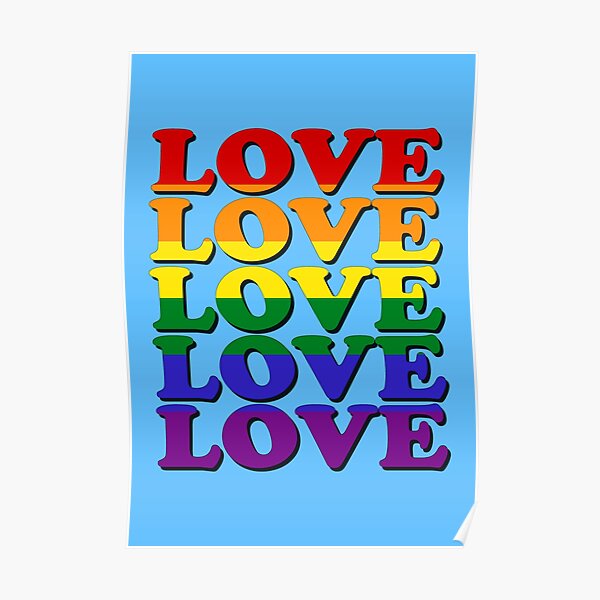 "Repeated Love Rainbow Text Design With Blue Background" Poster for ...