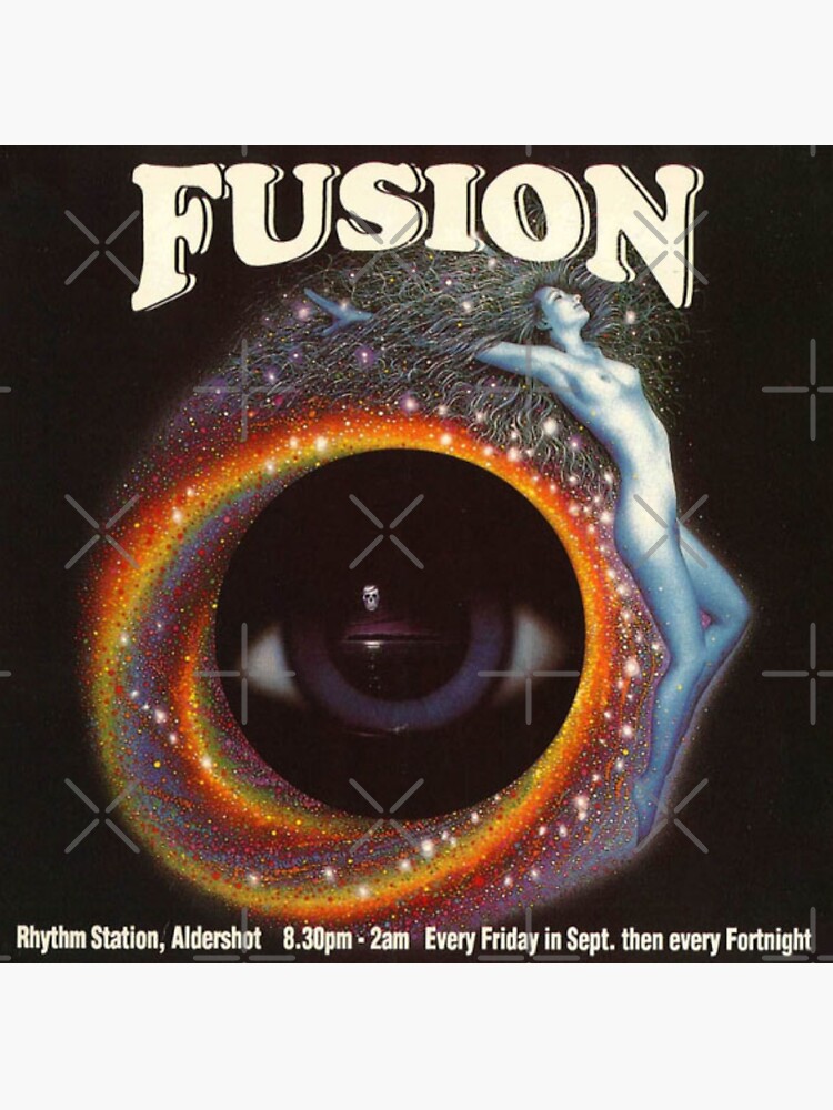 "Fusion @ Rythm Ststion rave flyer" Sticker by AntiquePatriot | Redbubble