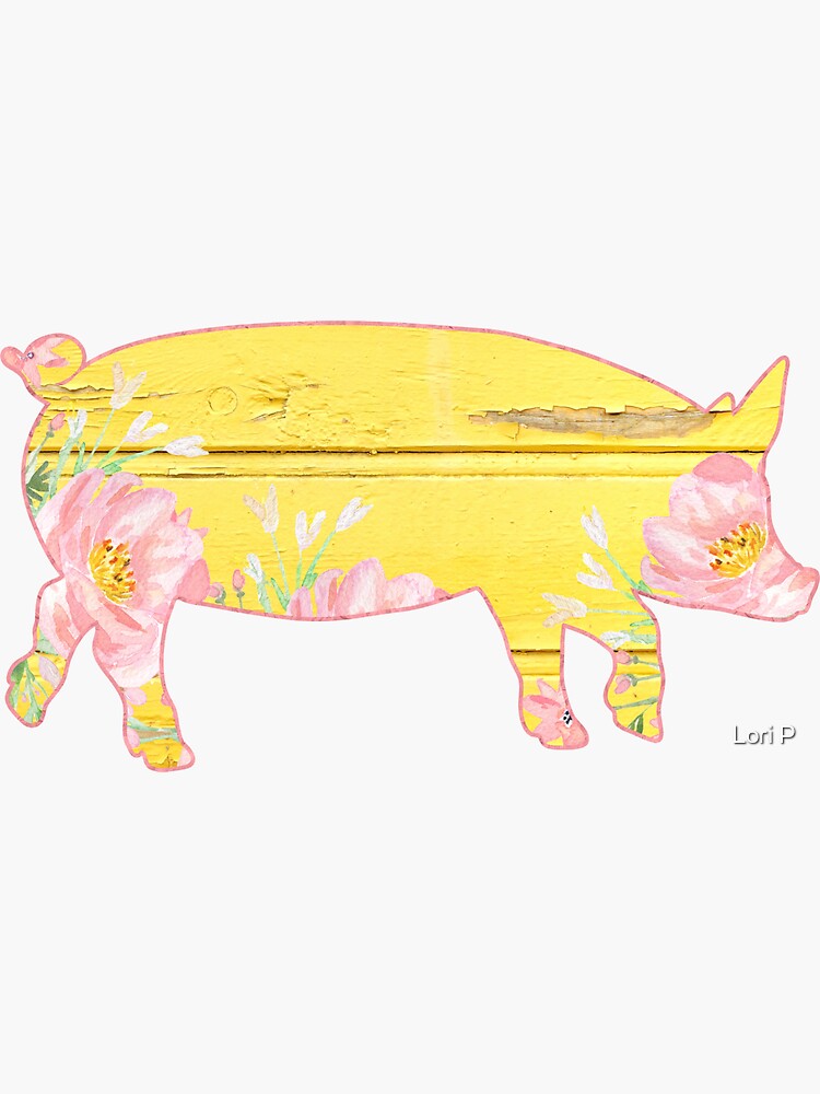 "Yellow Wooden Floral Pink Lined Pig" Sticker for Sale by TranquilTrove ...