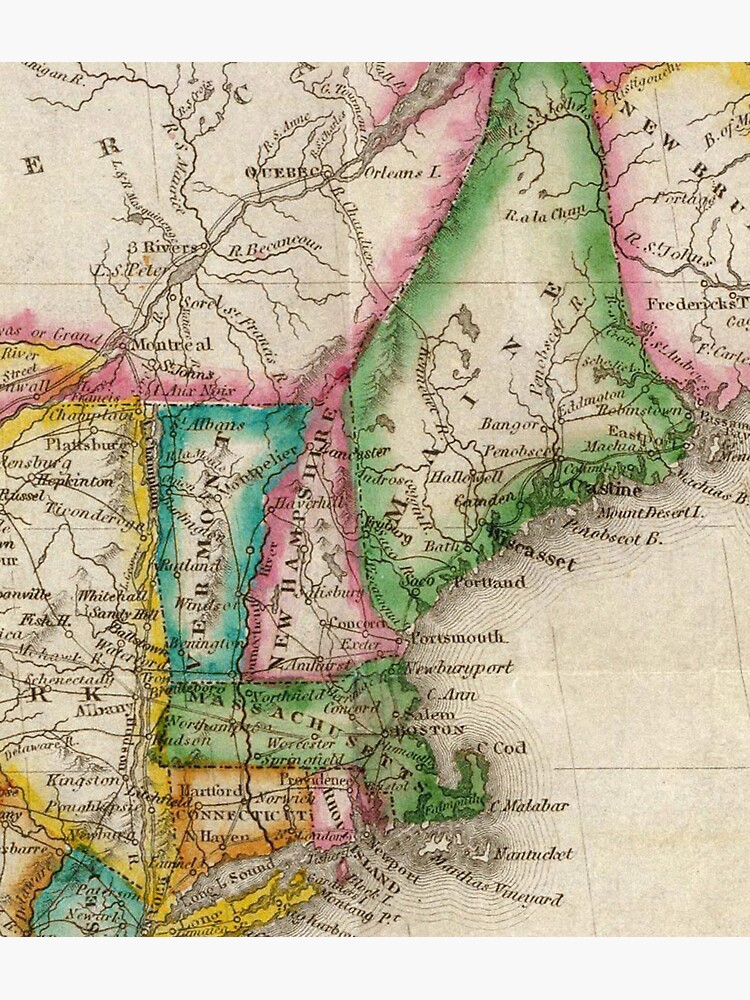 "Vintage Map of New England (1822)" Sticker by BravuraMedia | Redbubble