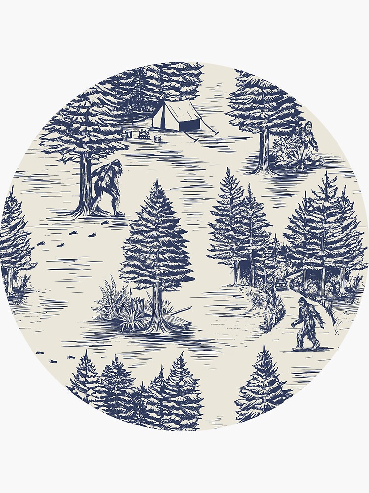 "Bigfoot / Sasquatch Toile de Jouy in Blue" Sticker by somecallmebeth ...
