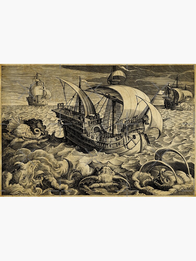 Vintage ship surrounded by sea monsters. Premium Matte Vertical Poster ...